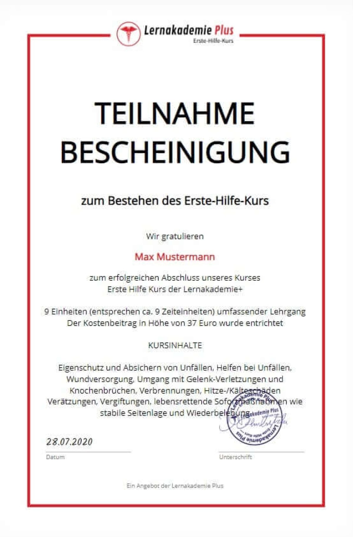 Erste Hilfe Bescheinigung